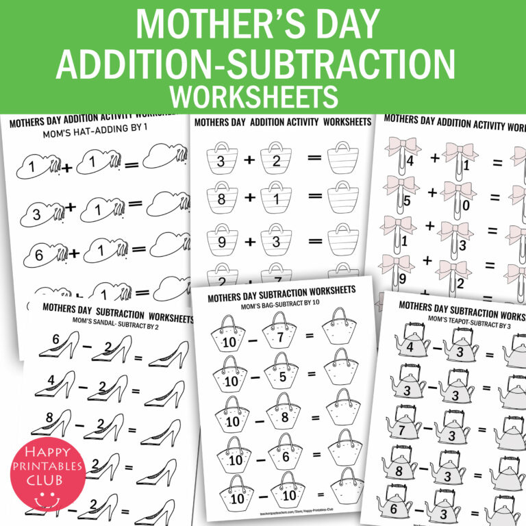 Mothers Day Addition and Subtraction Math Activity Worksheets | Made By ...