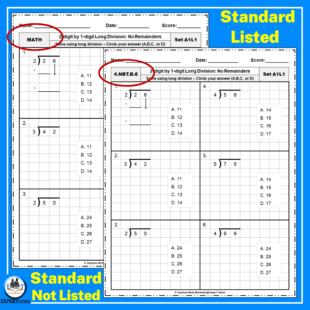 2 Digit By 1 Digit Long Division With And Without Remainders Practice