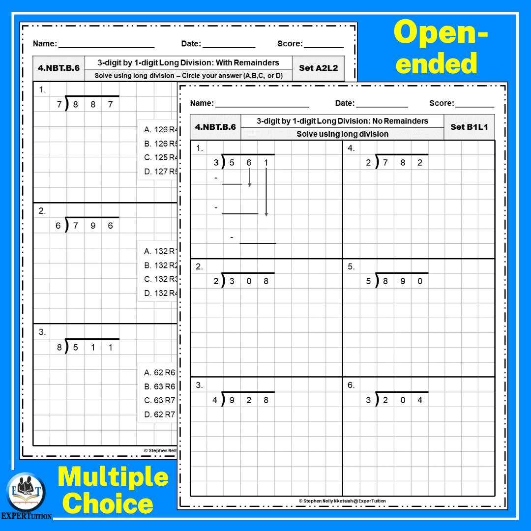 3 Digit By 1 Digit Long Division With And Without Remainders Practice