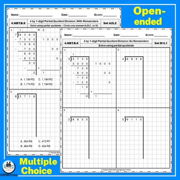 4 Digit by 1 Digit Partial Quotients Division With and Without ...