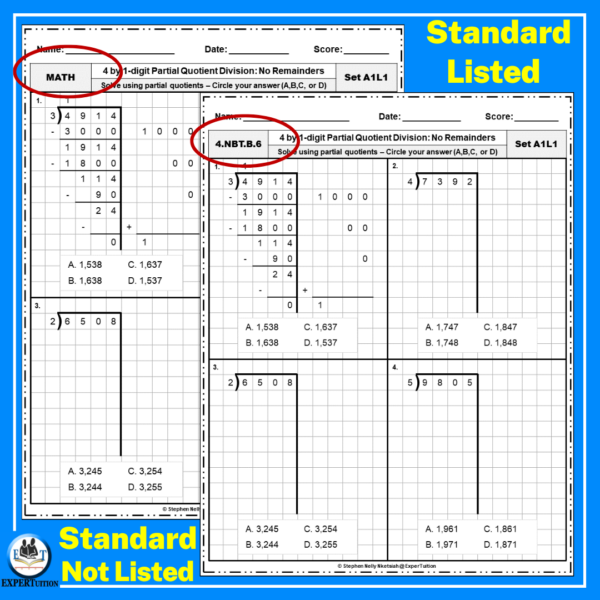 4 Digit by 1 Digit Partial Quotients Division With and Without ...