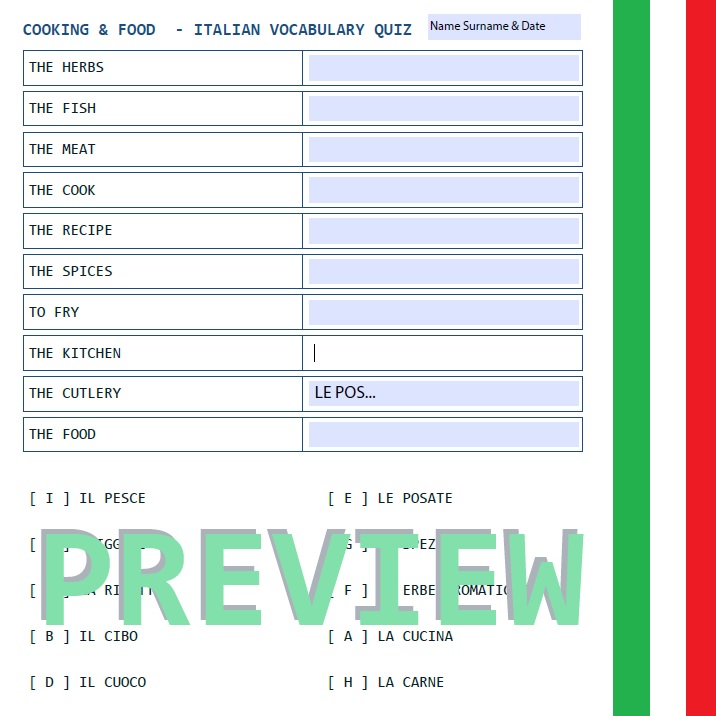 ITALIAN VOCABULARY QUIZ - COOKING & FOODS | Made By Teachers
