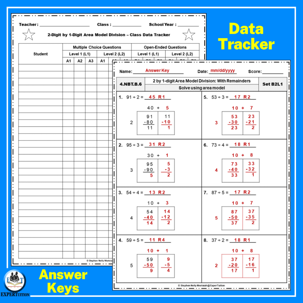 2 Digit by 1 Digit Area Model Division With and Without Remainders ...