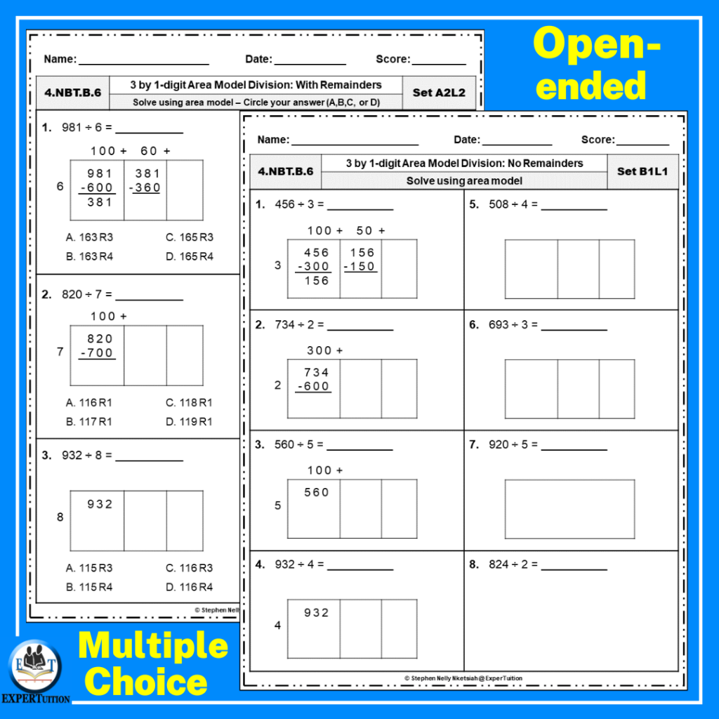 3 Digit by 1 Digit Area Model Division With and Without Remainders ...