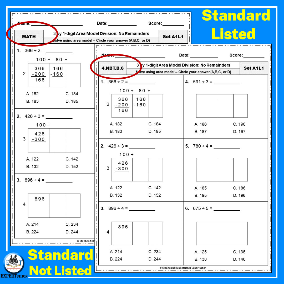 3 Digit By 1 Digit Area Model Division With And Without Remainders