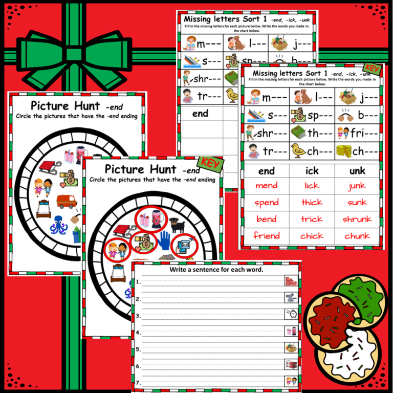 Final Consonant Blends - END, ICK, UNK - Holiday Phonics Activities ...