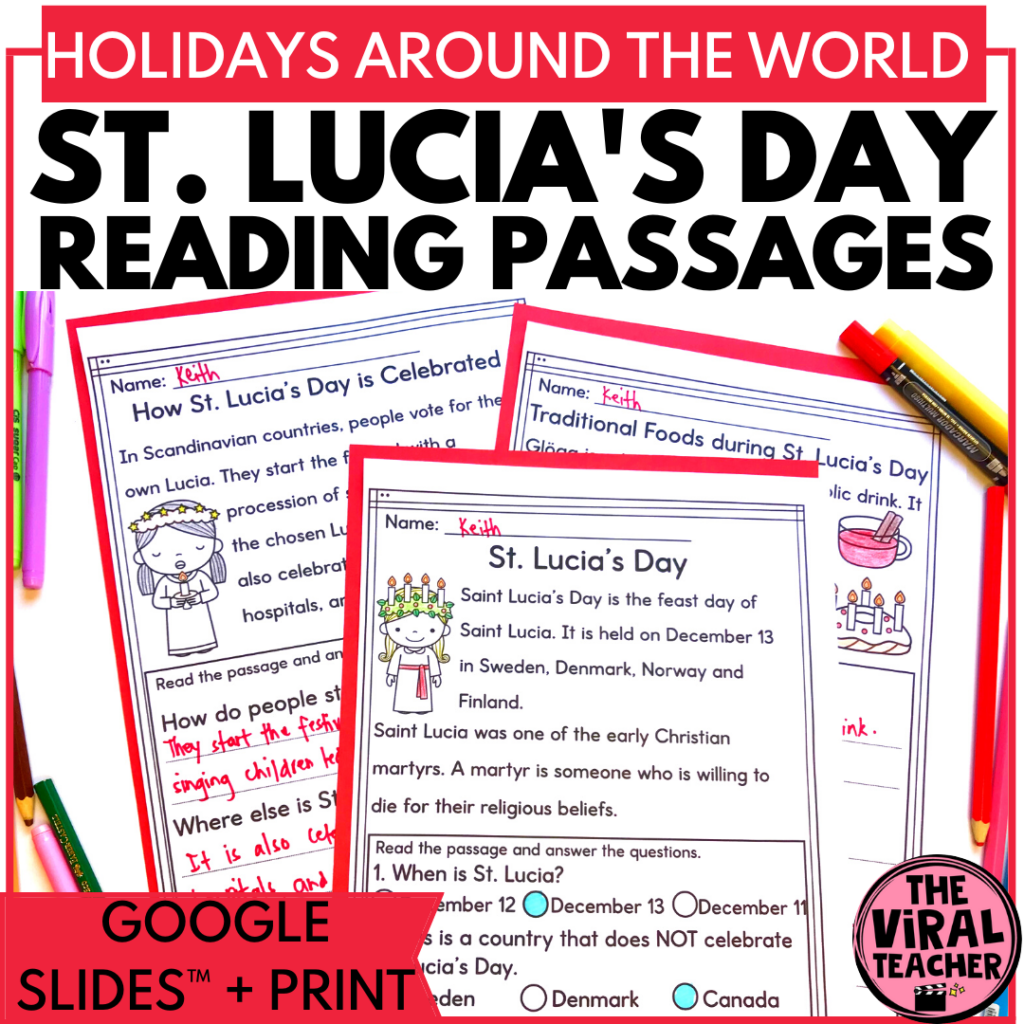 St. Lucia's Day Reading Comprehension Worksheets and Google Slides ...