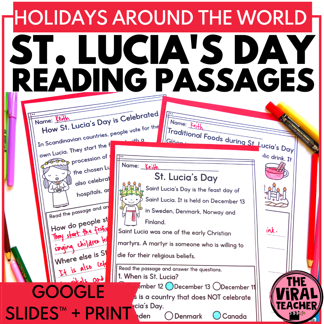 St. Lucia's Day Reading Comprehension Worksheets and Google Slides ...