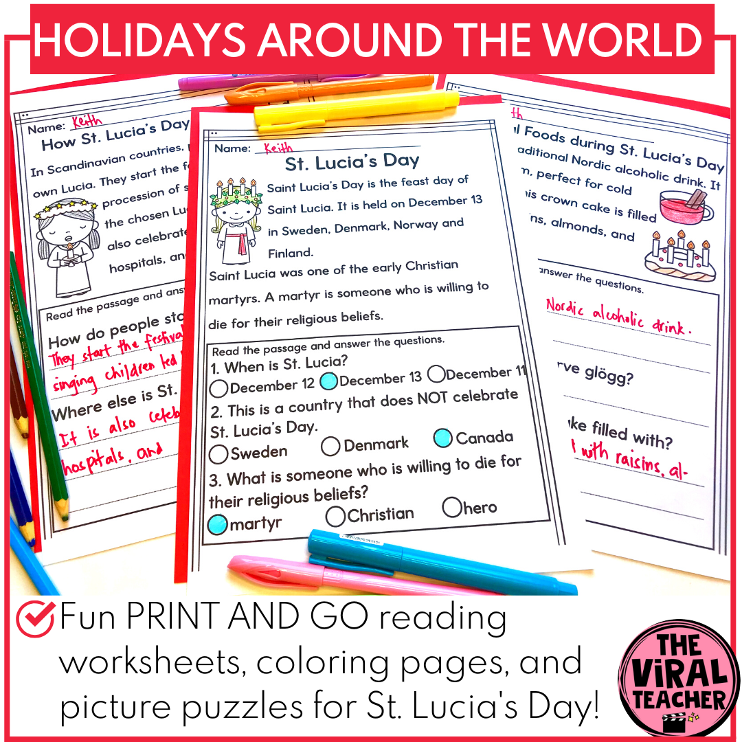 St. Lucia's Day Reading Comprehension Worksheets and Google Slides ...