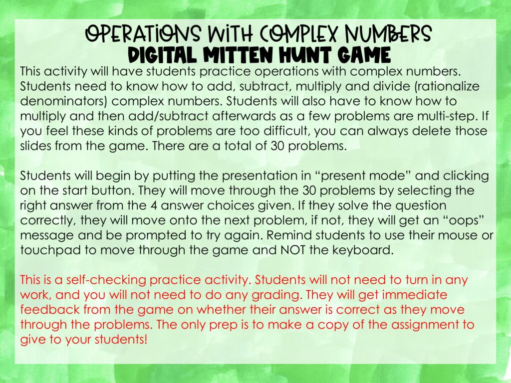 Operations with Complex Numbers Digital Winter Hunt Game | Made By Teachers