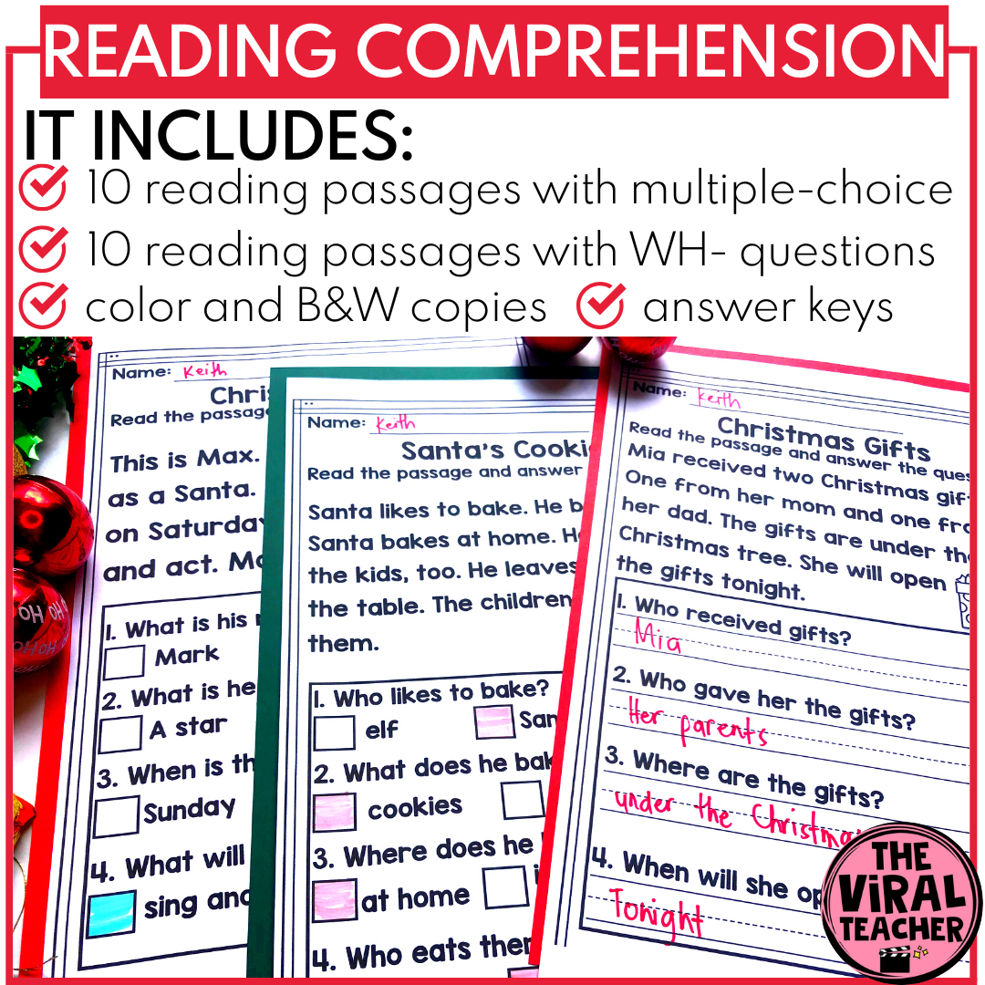 Christmas Reading Passages and Comprehension Questions Kindergarten ...