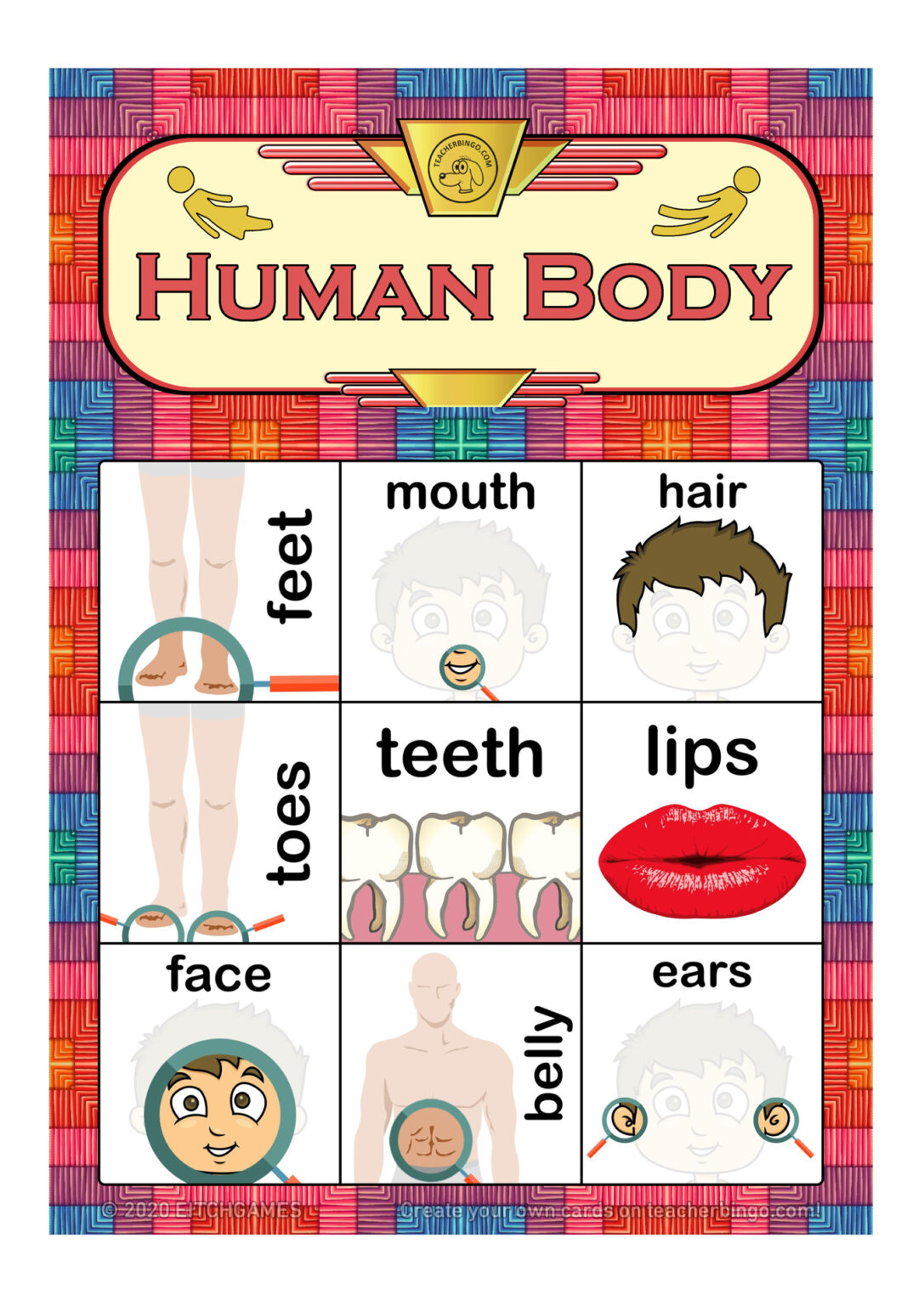 Human Body Parts Bingo 3x3 (100 pages + call sheet) | Made By Teachers