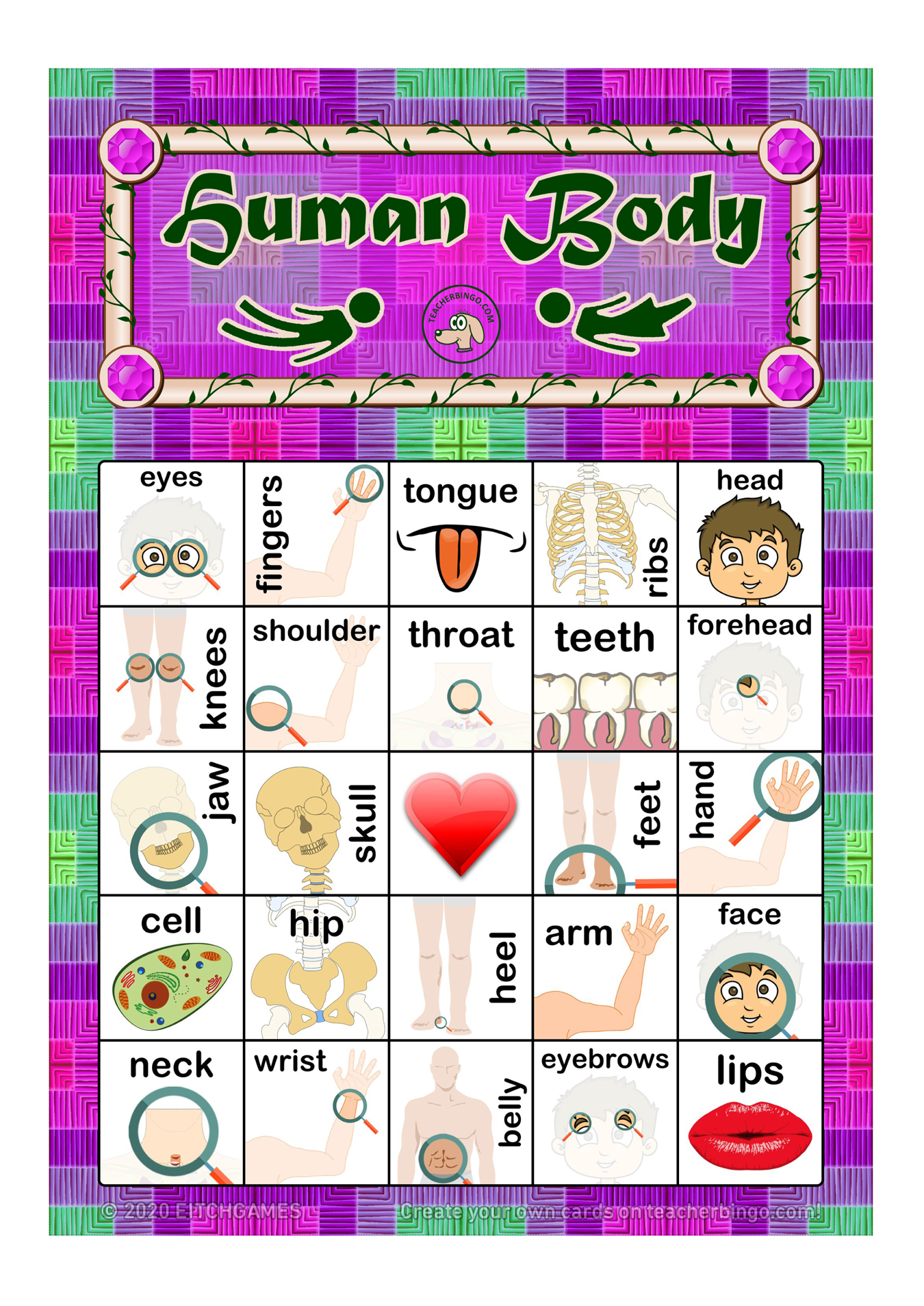 Human Body Parts Bingo 5x5 (100 pages + call sheet) | Made By Teachers