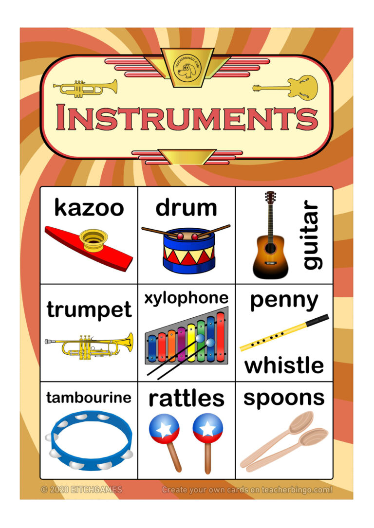 Musical Instruments Bingo 3x3 (5 pages + call sheet) | Made By Teachers