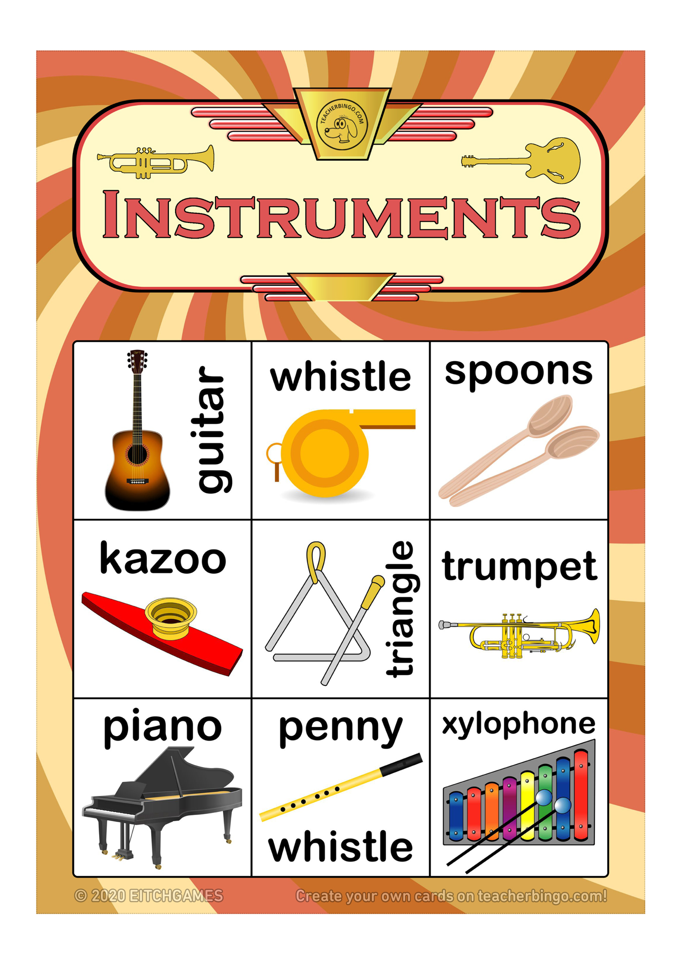 Musical Instruments Bingo 3x3 (5 pages + call sheet) | Made By Teachers