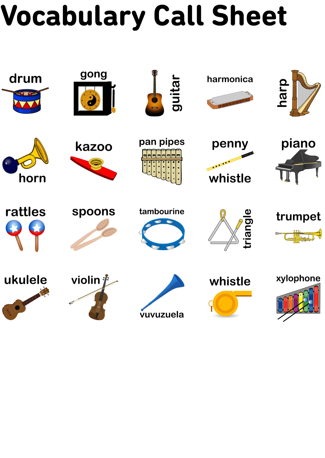 Musical Instruments Bingo 3x3 (5 pages + call sheet) | Made By Teachers