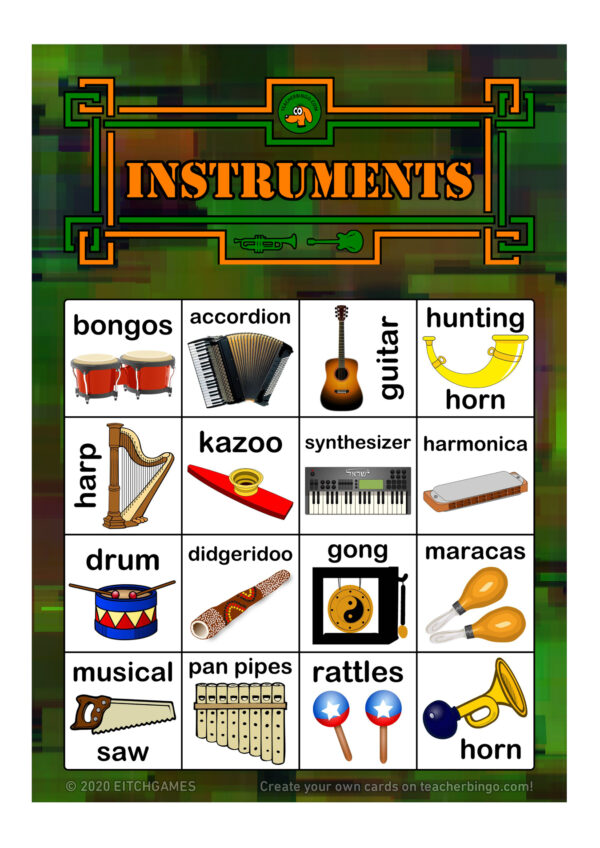 Musical Instruments Bingo 4x4 (5 pages + call sheet) | Made By Teachers