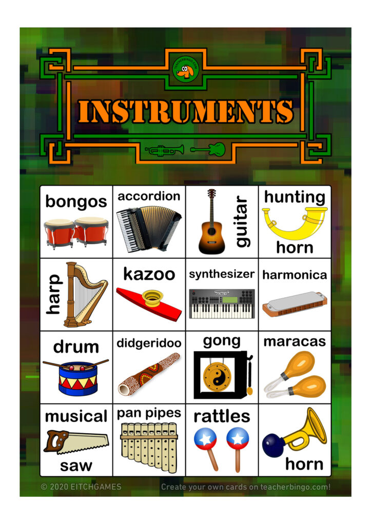 Musical Instruments Bingo 7x7 (100 pages + call sheet) - Made By Teachers