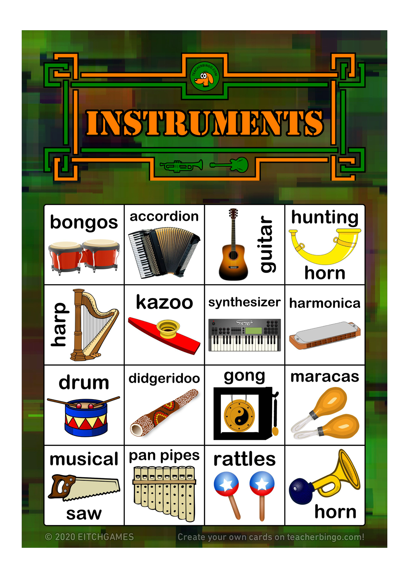 Musical Instruments Bingo 4x4 (5 pages + call sheet) | Made By Teachers