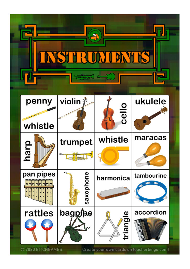 Musical Instruments Bingo 4x4 (5 pages + call sheet) | Made By Teachers