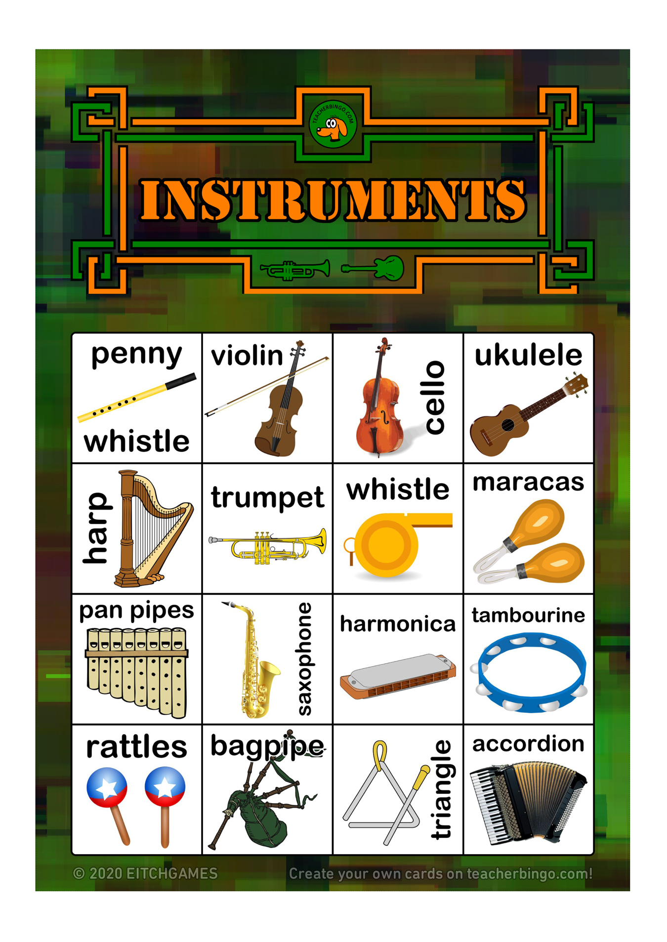 Musical Instruments Bingo 4x4 (5 pages + call sheet) | Made By Teachers