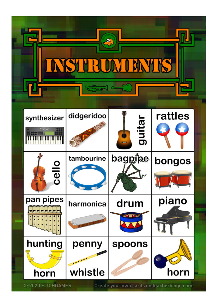Musical Instruments Bingo 4x4 (5 pages + call sheet) | Made By Teachers