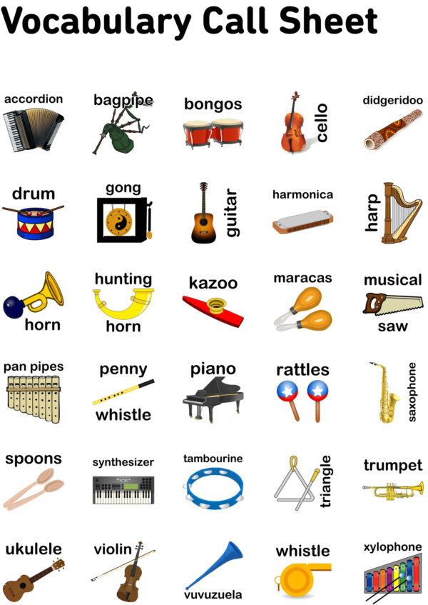 Musical Instruments Bingo 4x4 (5 pages + call sheet) | Made By Teachers