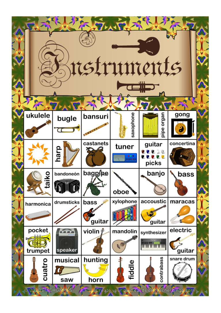 Musical Instruments Bingo 6x6 (5 pages + call sheet) | Made By Teachers