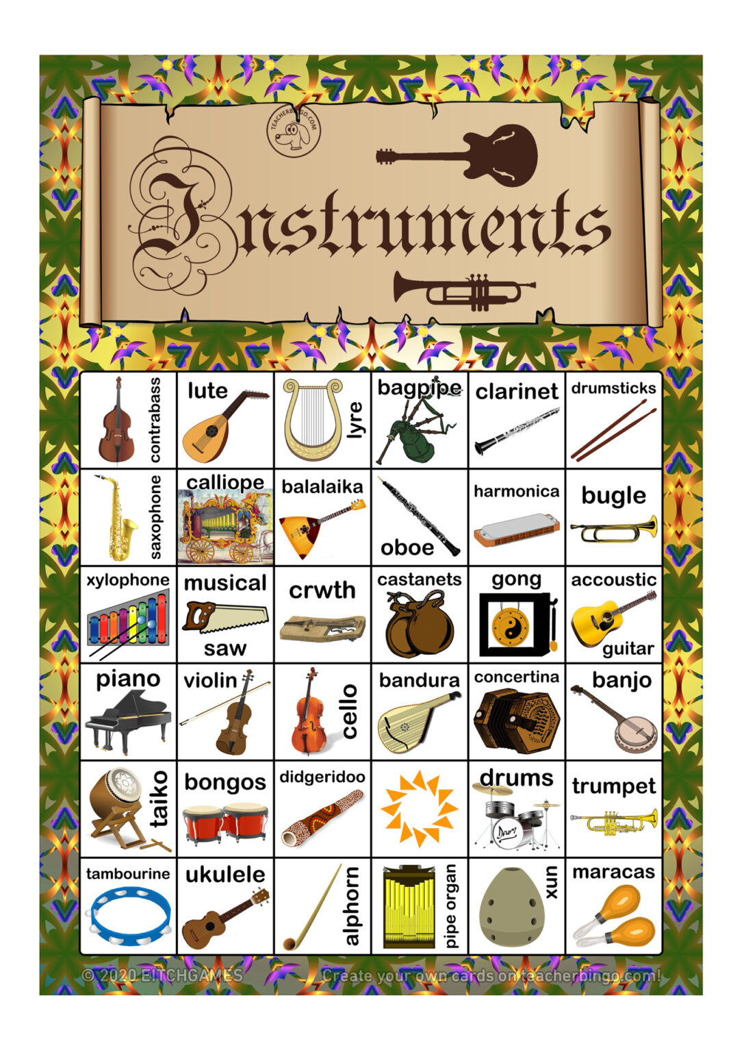 Musical Instruments Bingo 6x6 (5 pages + call sheet) | Made By Teachers