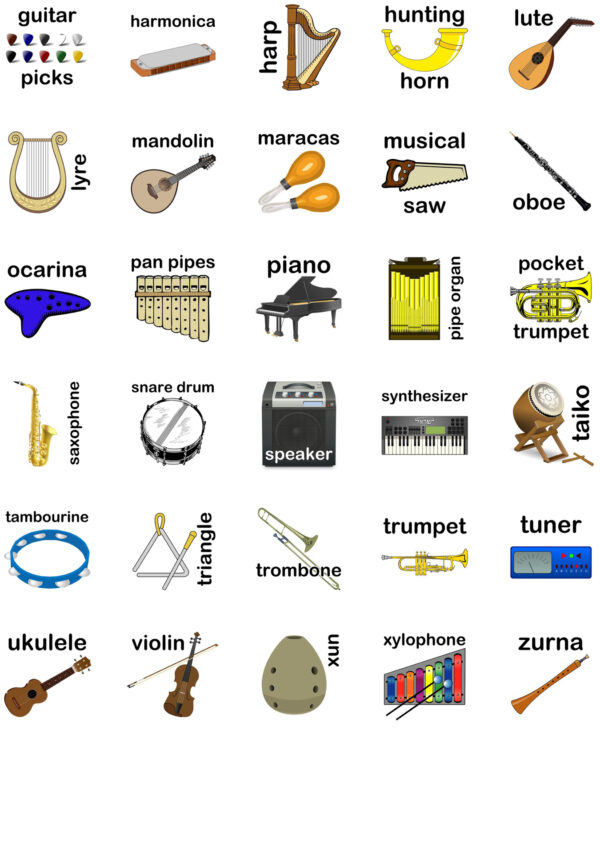 Musical Instruments Bingo 6x6 (5 pages + call sheet) | Made By Teachers