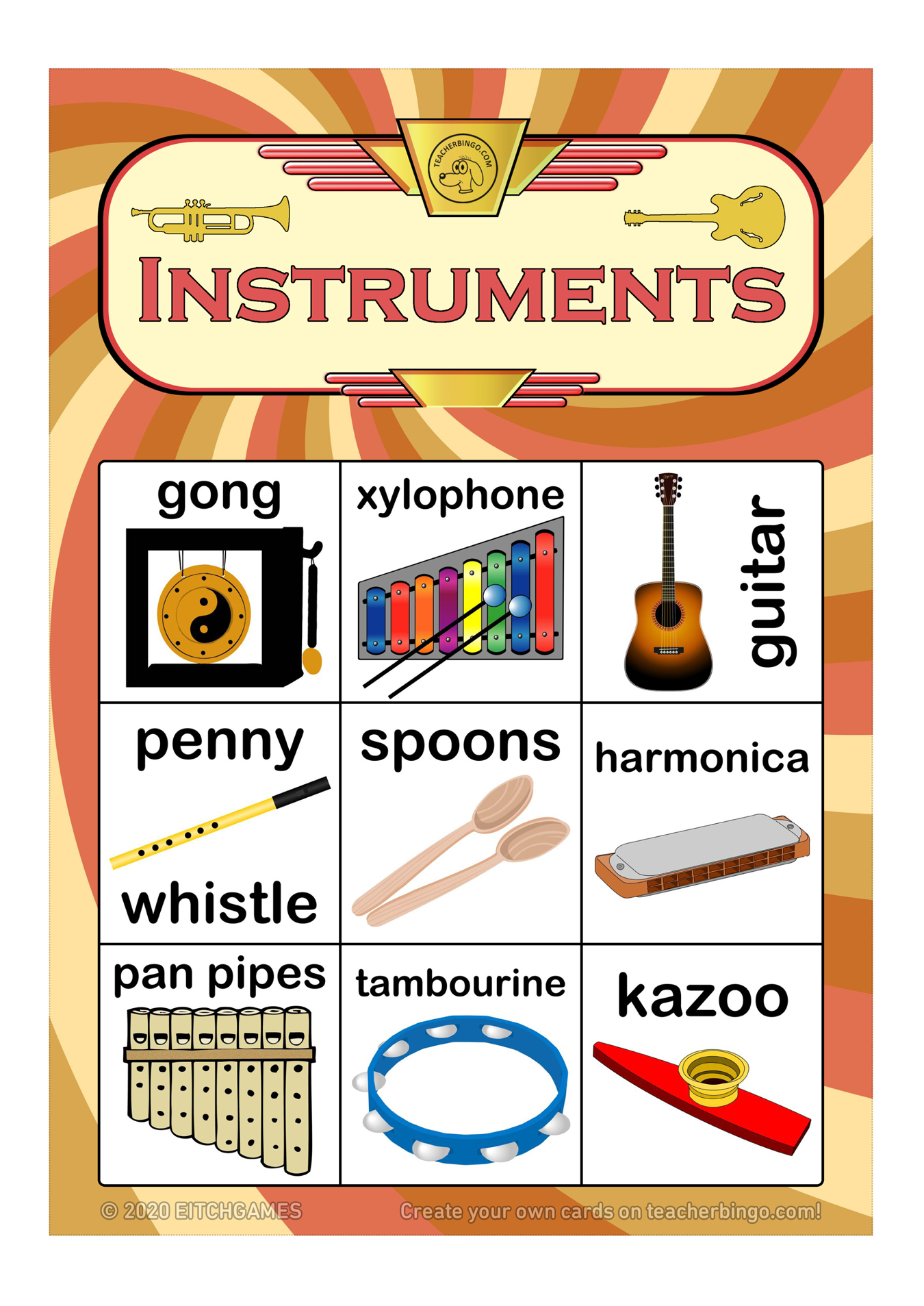 Musical Instruments Bingo 3x3 (100 pages + call sheet) | Made By Teachers