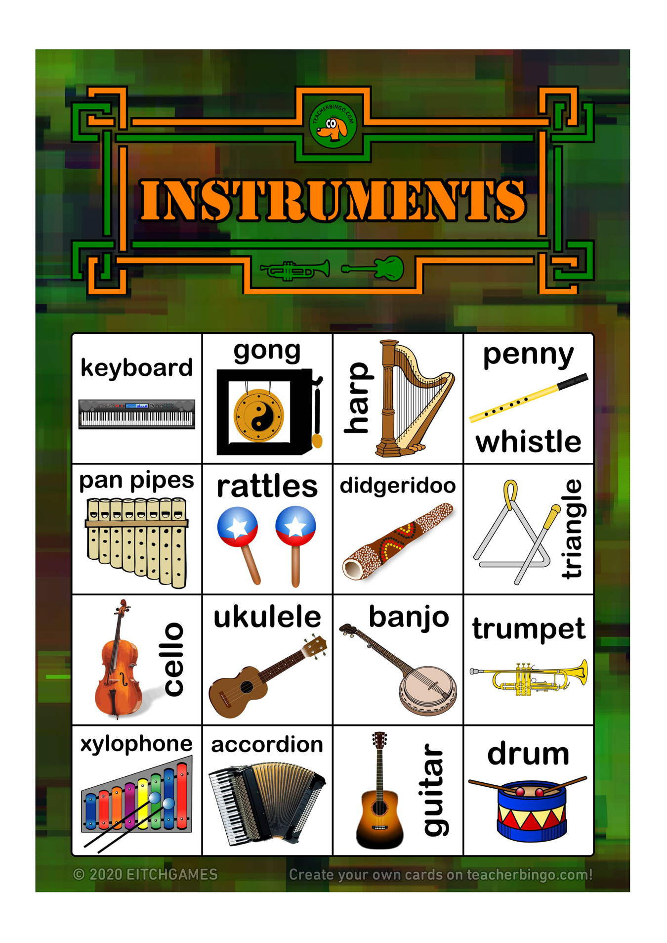 Musical Instruments Bingo 4x4 (100 pages + call sheet) | Made By Teachers