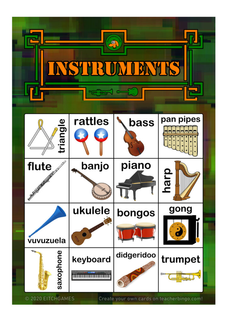 Musical Instruments Bingo 4x4 (100 pages + call sheet) | Made By Teachers