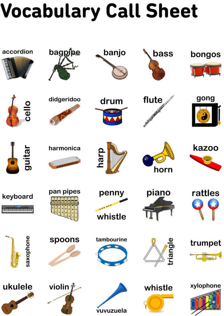 Musical Instruments Bingo 4x4 (100 pages + call sheet) | Made By Teachers