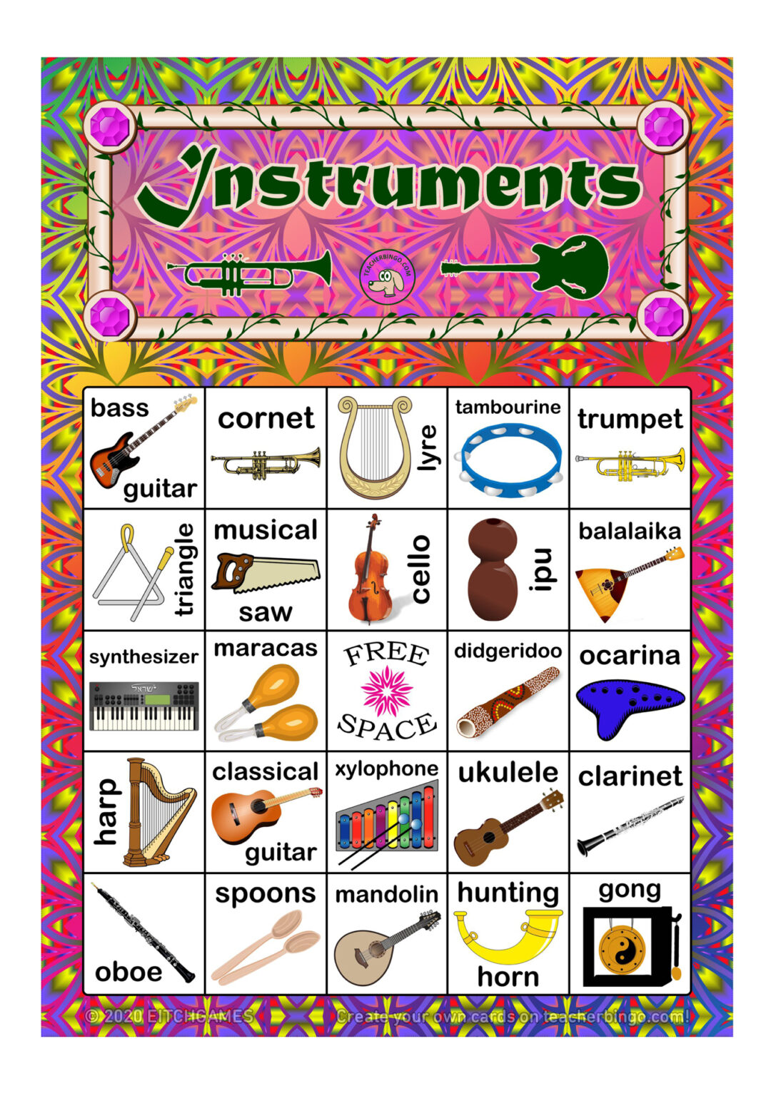 Musical Instruments Bingo 5x5 (100 pages + call sheet) | Made By Teachers