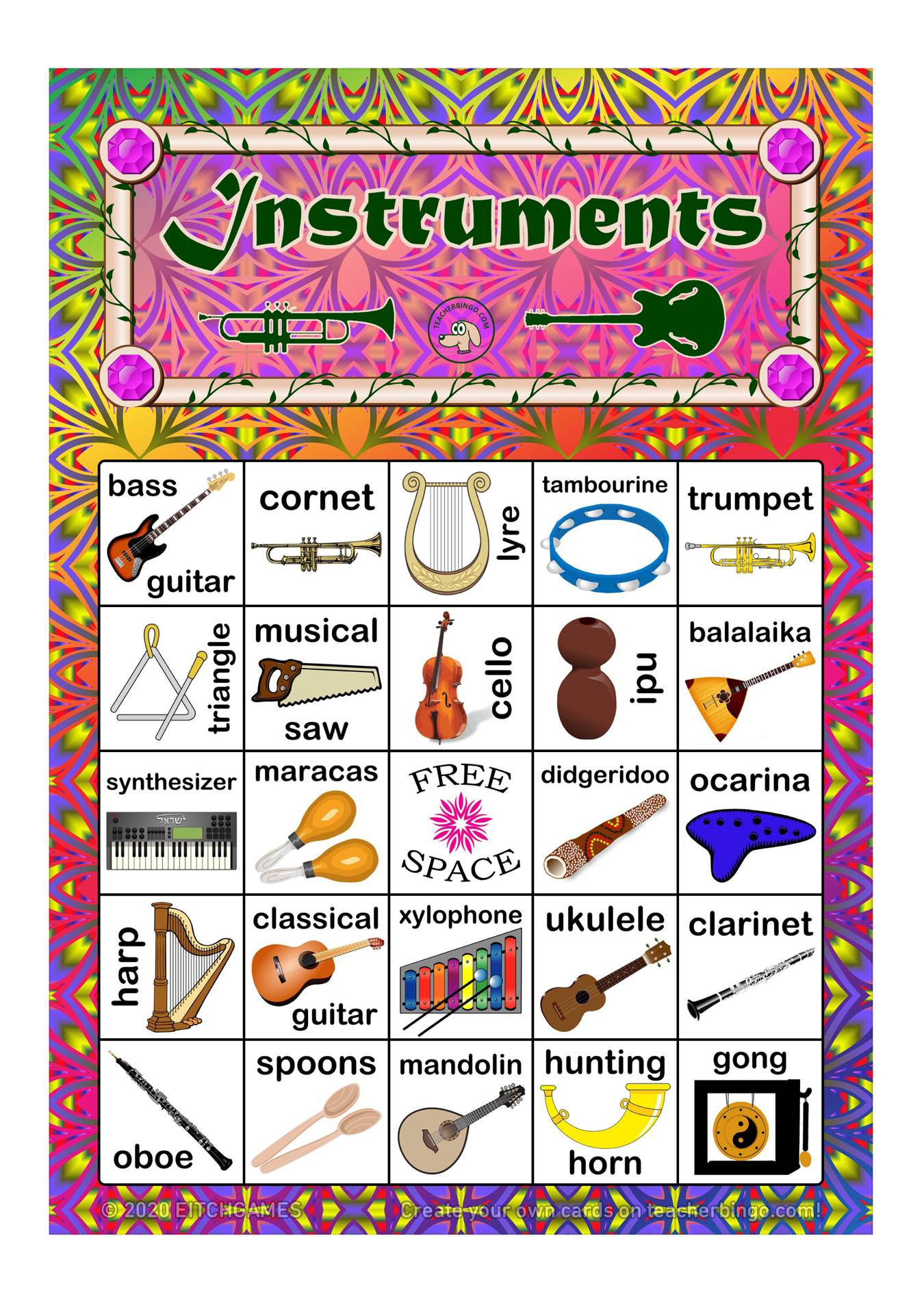 Musical Instruments Bingo 5x5 (100 pages + call sheet) | Made By Teachers