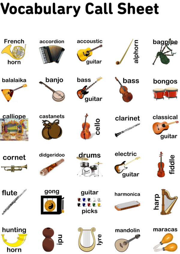 Musical Instruments Bingo 5x5 (100 pages + call sheet) | Made By Teachers