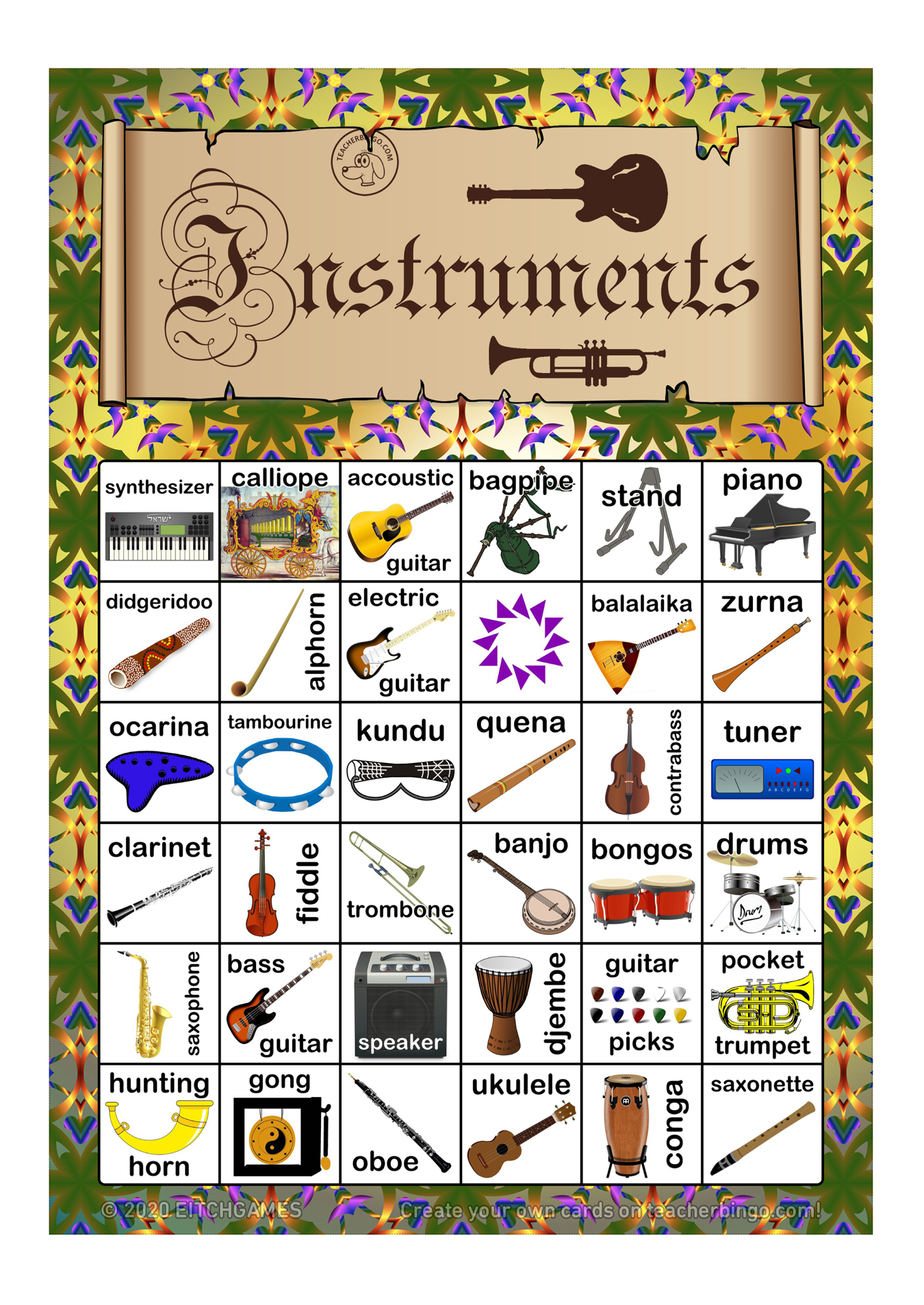 Musical Instruments Bingo 6x6 (100 pages + call sheet) | Made By Teachers