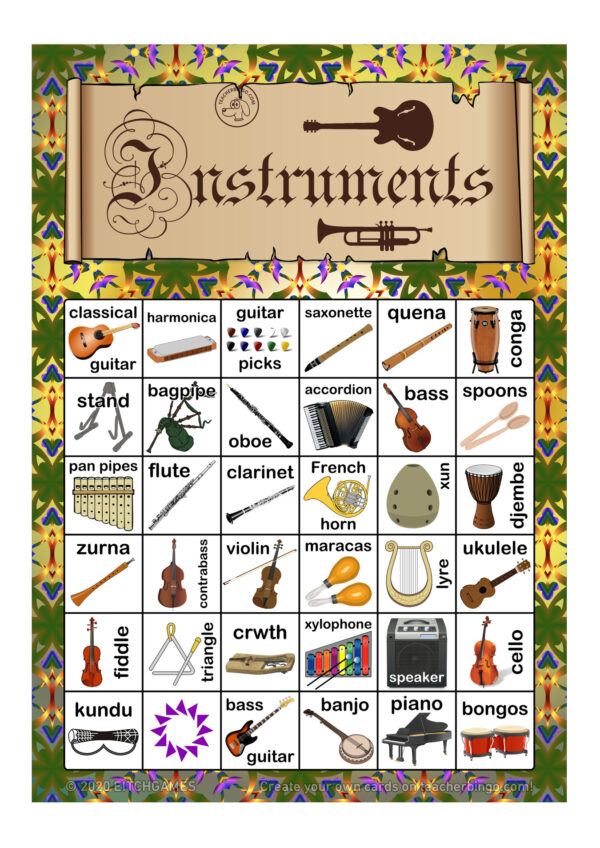 Musical Instruments Bingo 6x6 (100 pages + call sheet) | Made By Teachers