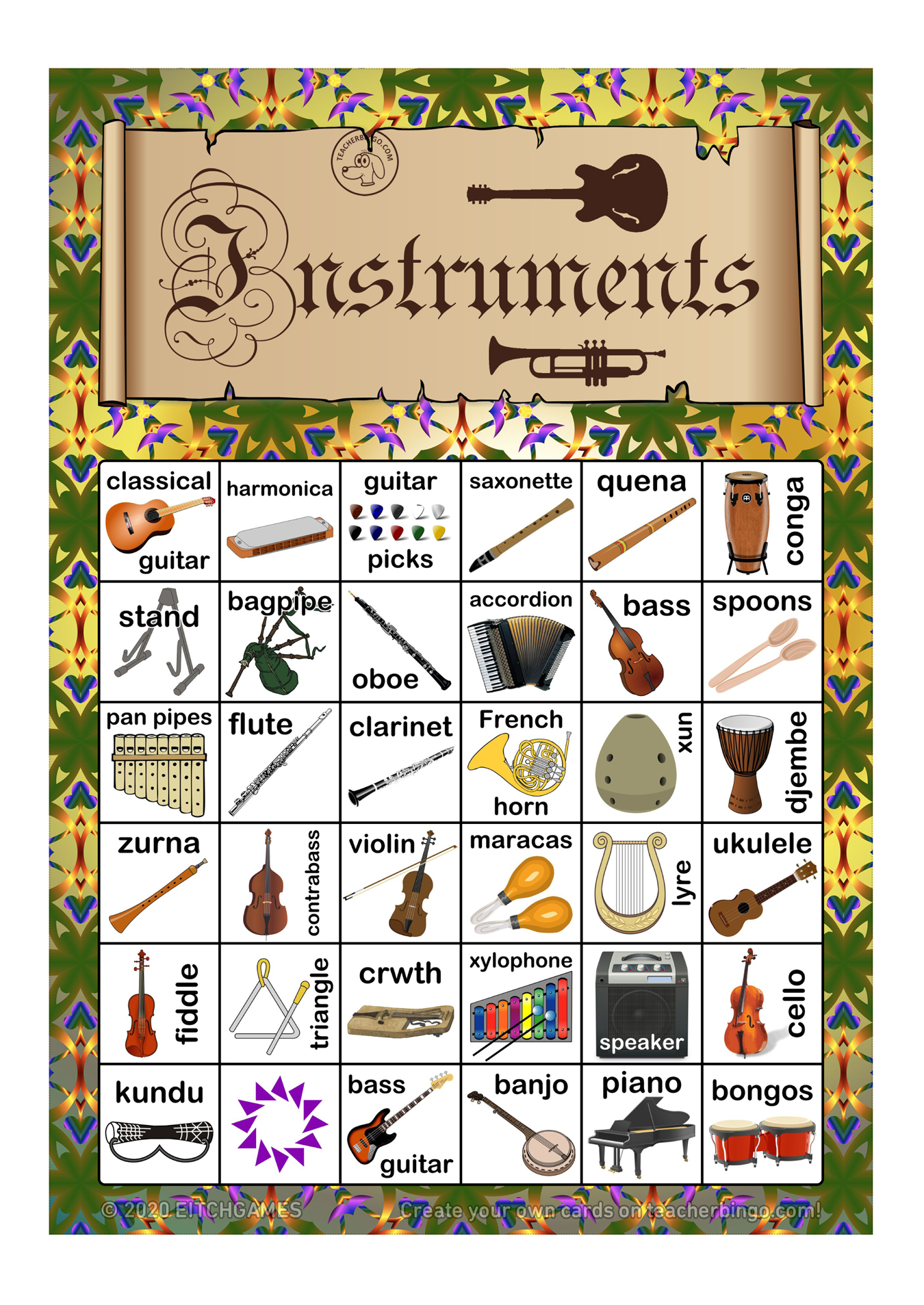 Musical Instruments Bingo 6x6 (100 pages + call sheet) | Made By Teachers