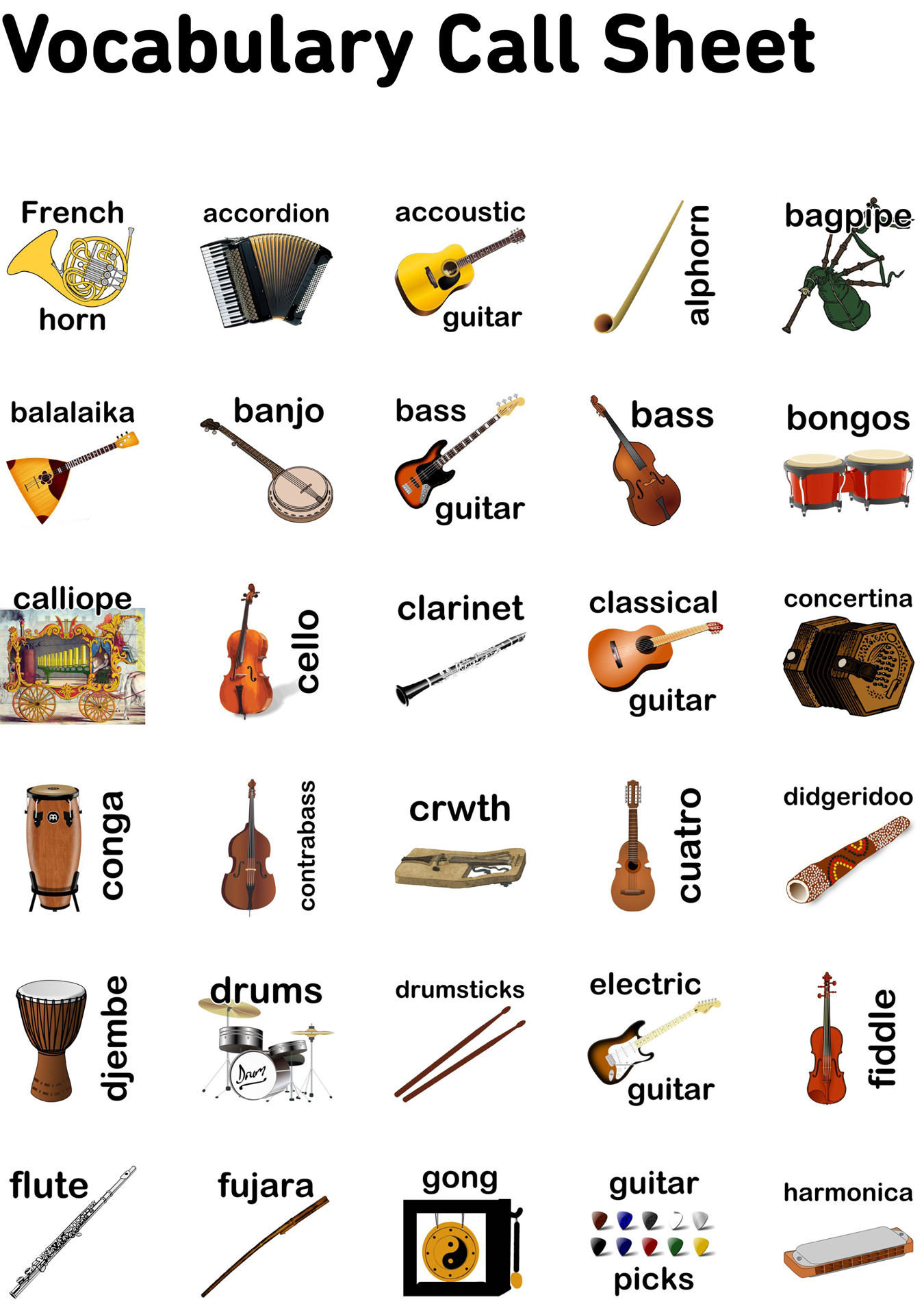 Musical Instruments Bingo 7x7 (100 pages + call sheet) | Made By Teachers