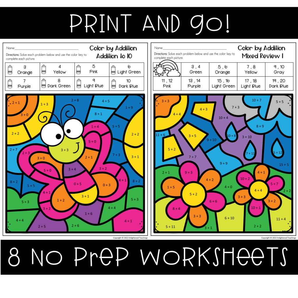 Spring Addition to 20 Color by Code Number NO PREP Coloring Worksheets ...