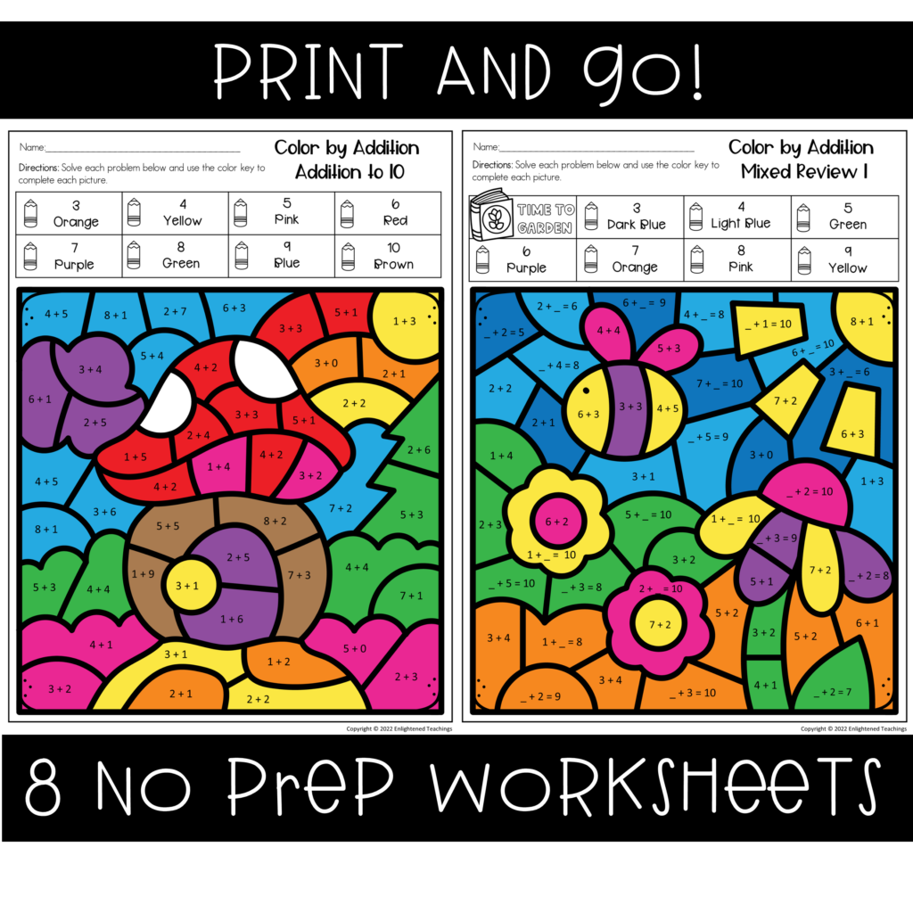Garden Addition to 10 Color by Code Number NO PREP Coloring Worksheets ...
