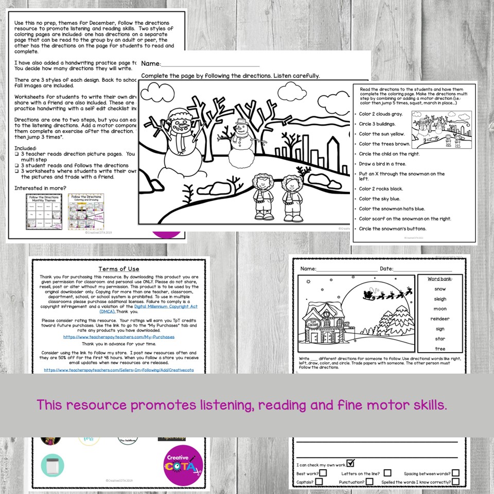 December Following Directions & Listening Comprehension Skills Coloring ...