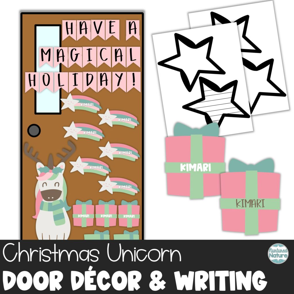 Unicorn Christmas Door Decoration Kit with Editable Name Tag Labels and ...