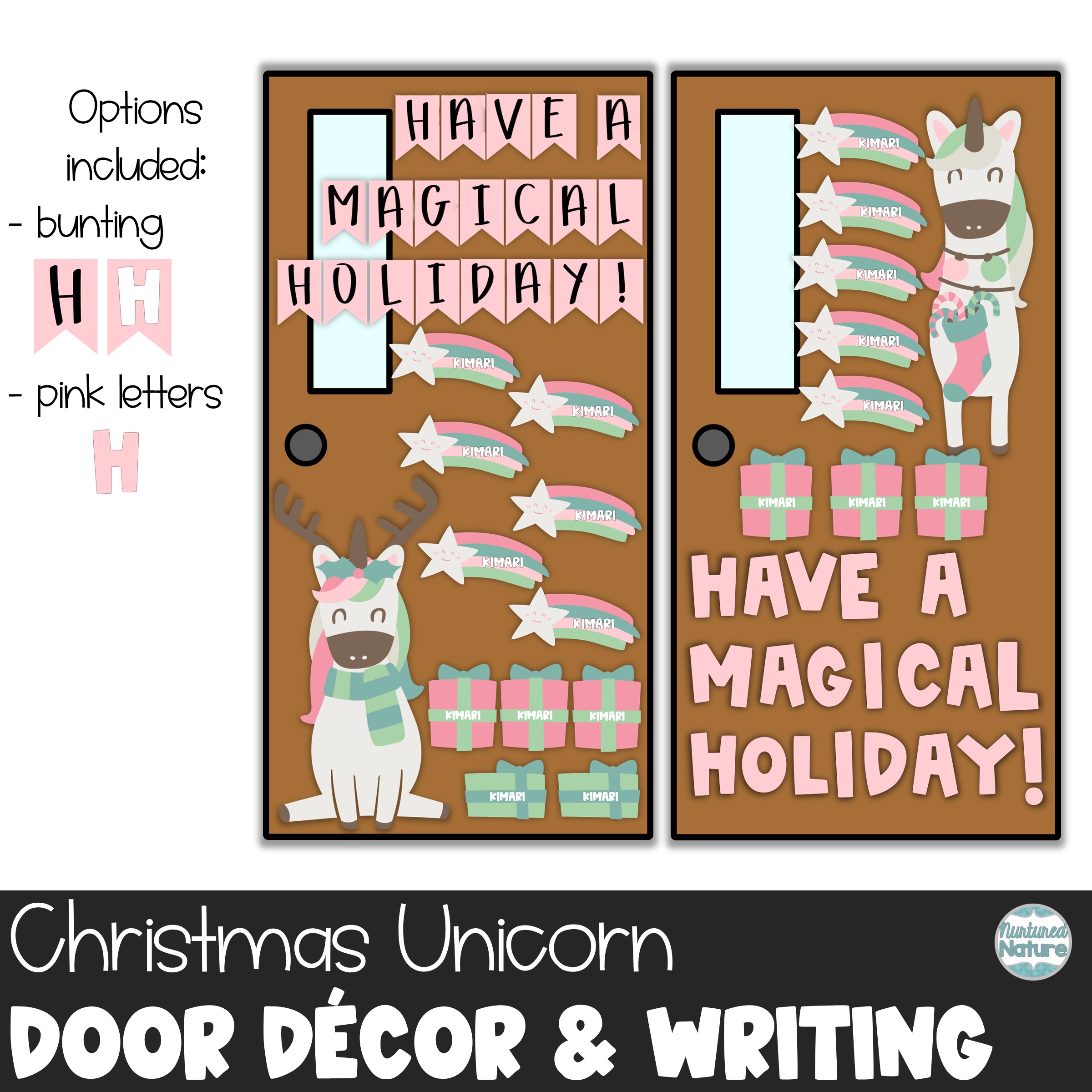 Unicorn Christmas Door Decoration Kit with Editable Name Tag Labels and ...