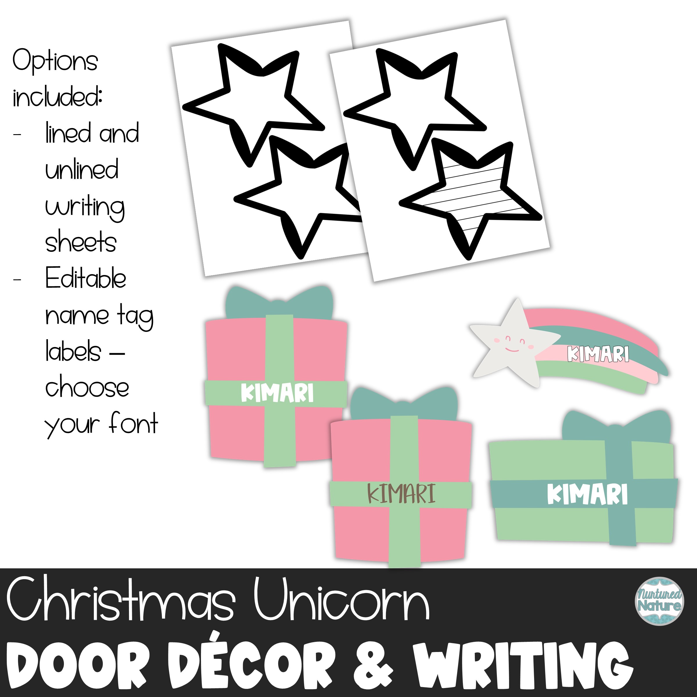 Unicorn Christmas Door Decoration Kit with Editable Name Tag Labels and ...