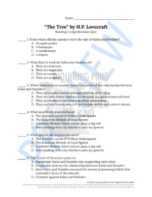 "The Tree" by H.P. Lovecraft Quiz and Answer Key - Made By Teachers