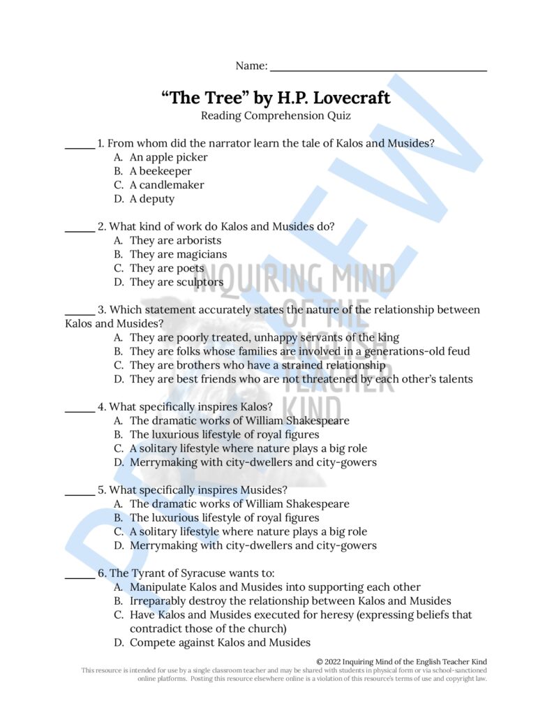 "The Tree" by H.P. Lovecraft Quiz and Answer Key - Made By Teachers