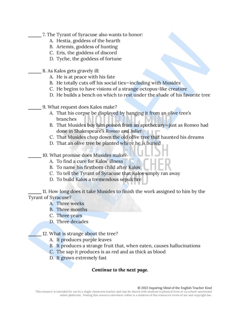 "The Tree" by H.P. Lovecraft Quiz and Answer Key | Made By Teachers